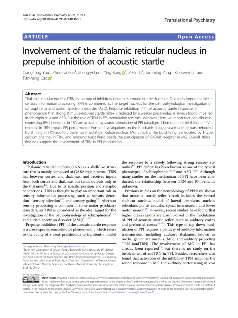 Involvement of The Thalamic Reticular Nucleus in Prepulse Inhibition of ...