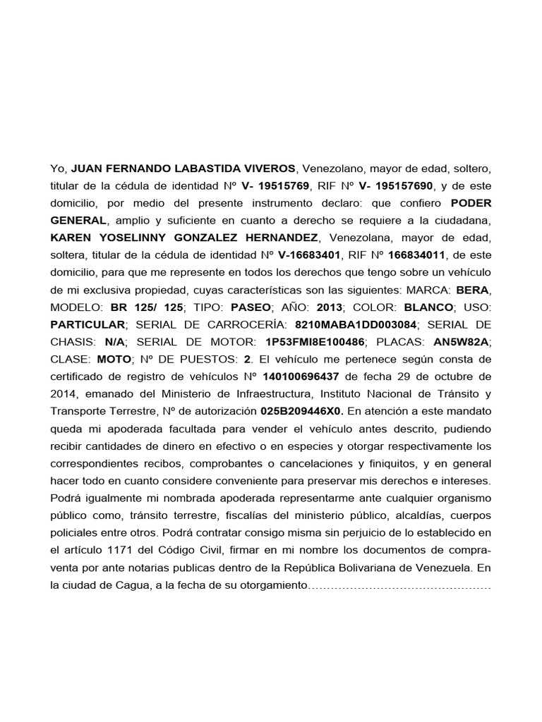 PODER MOTO BERA COMPRA VENTA | PDF