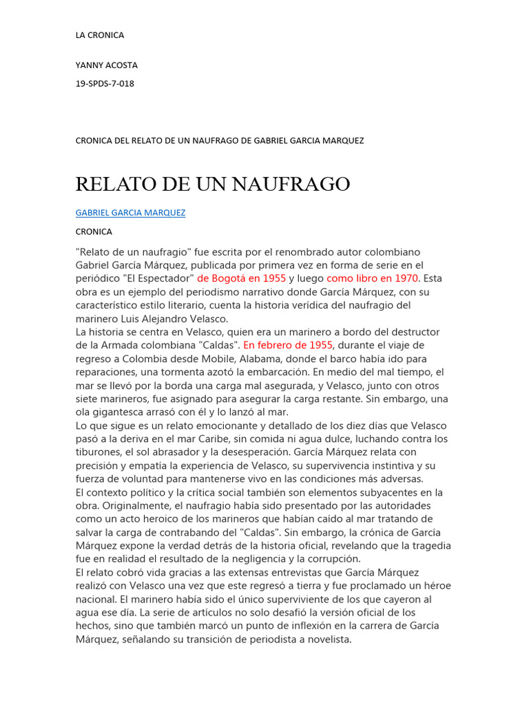 Cronica Del Relato de Un Naufrago de Gabriel Garcia Marquez | PDF ...