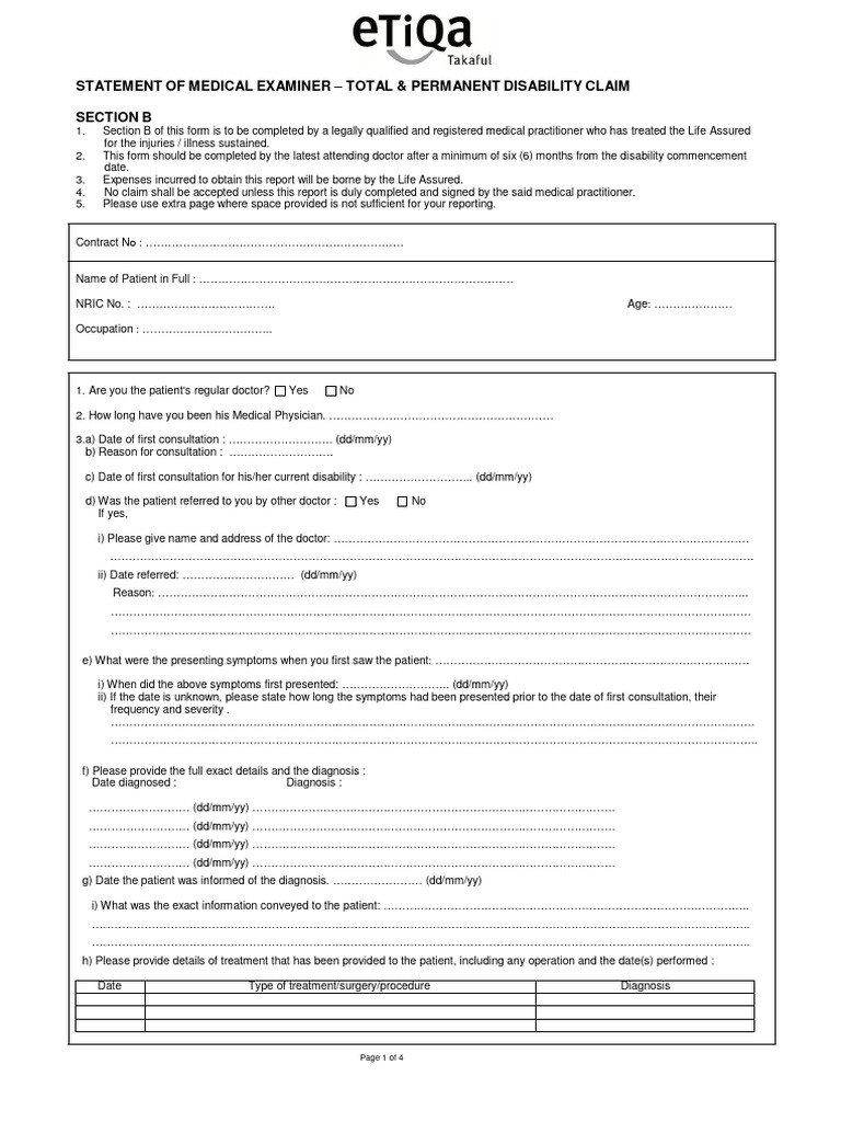 Statement of Medical Examiner - Total Permanent Disability Section B ...