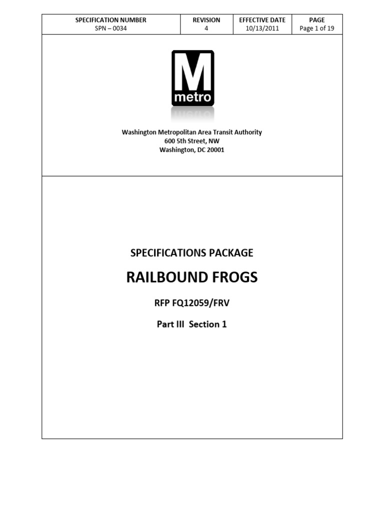 Spec - Frogs - Rev 4 FRV | PDF | Screw | Specification (Technical Standard)