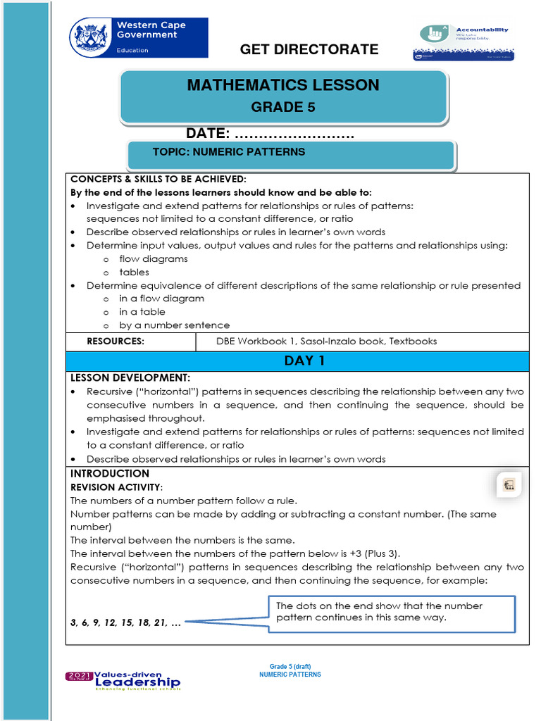 Lesson Plan G.R 5 Mathematics Term 2 Week 8 NUMERIC PATTERNS | PDF ...