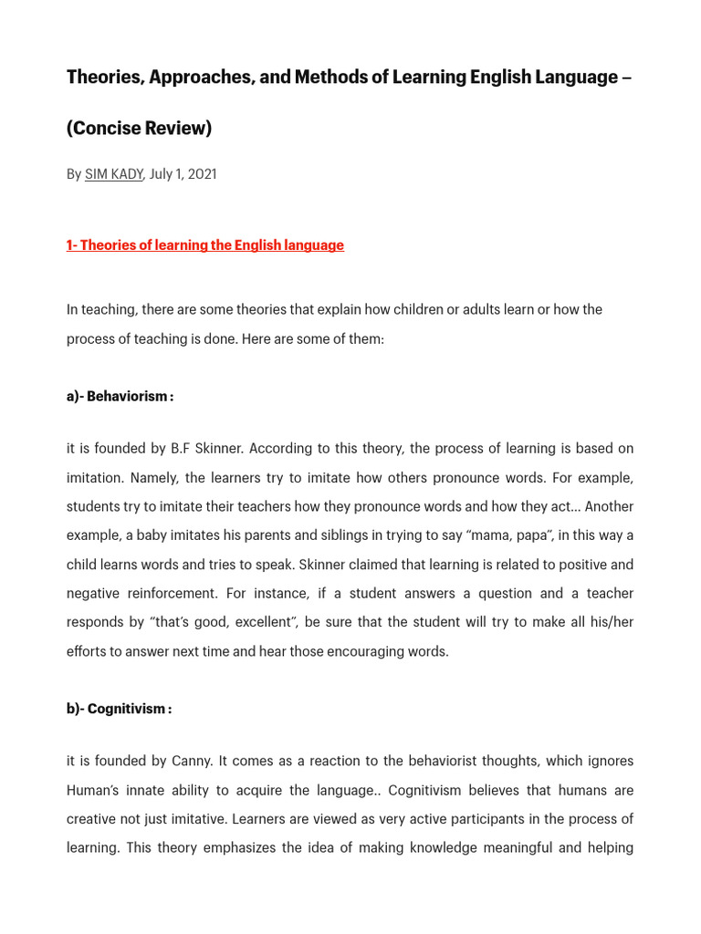 Concise Review of Theories, Approaches and Methods of Teaching English As A Second Language ...