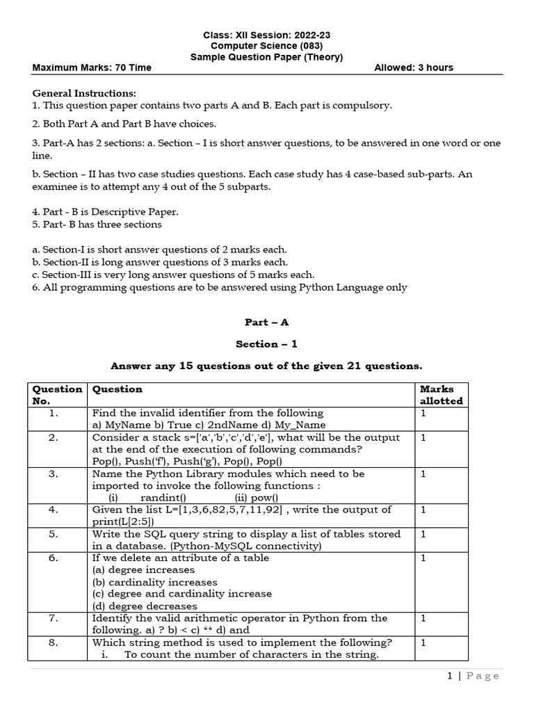 Class 12 Sample Paper Cs Pdf Python Programming Language Computer Data