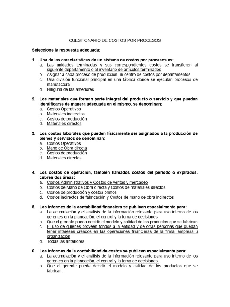 Cuestionario de Costos Por Procesos | PDF | Contabilidad de costos | Business