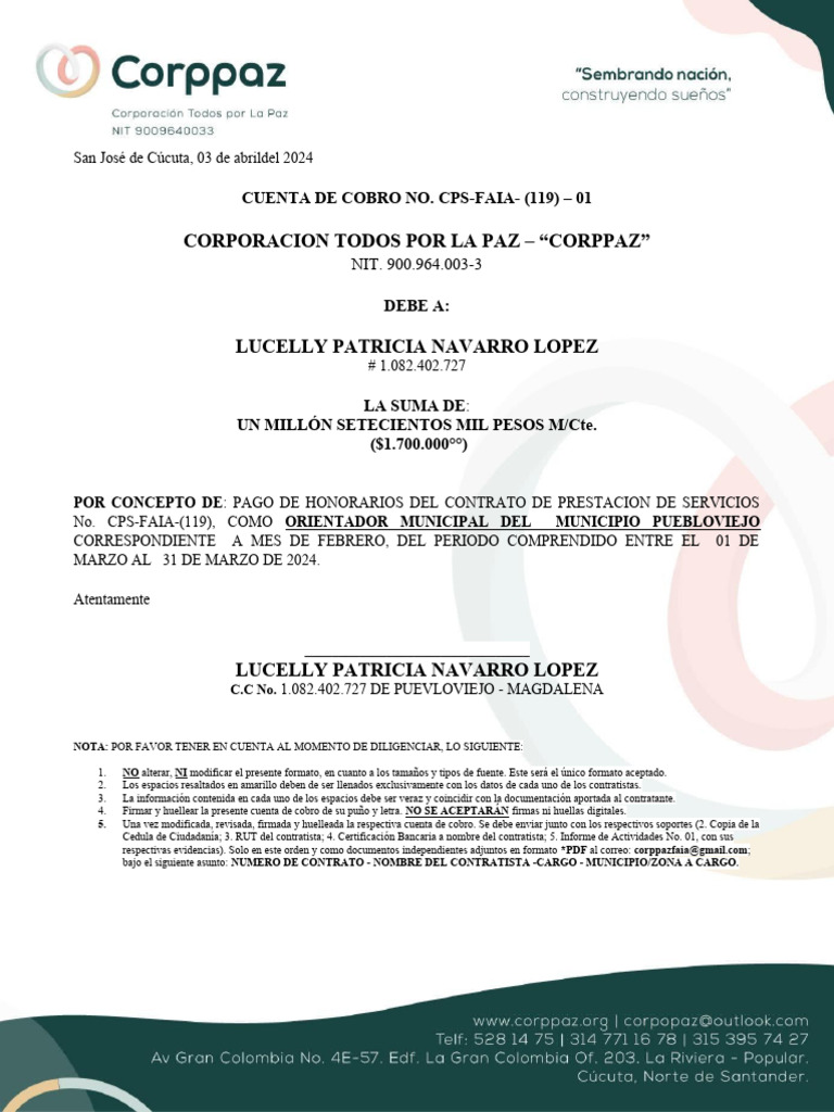 Cuenta de Cobro: $1.700.000 a Lucelly Navarro | PDF