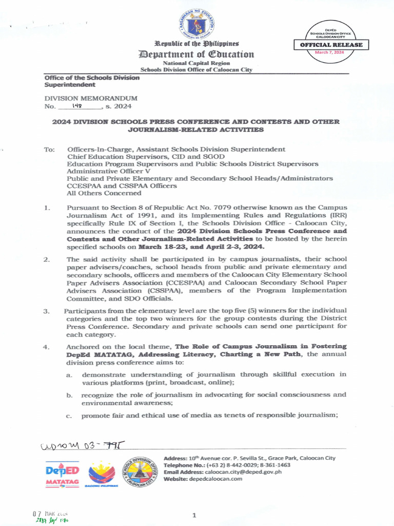 DM No. 148 S. 2024 2024 Division School Press Conference and Contests ...