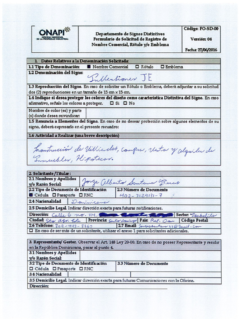 Formulario - Registro Nombre Comercial ONAPI | PDF