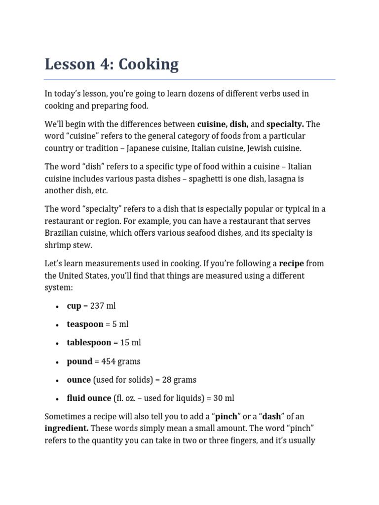 Lesson 04 - Cooking | PDF | Cuisine | Italian Cuisine