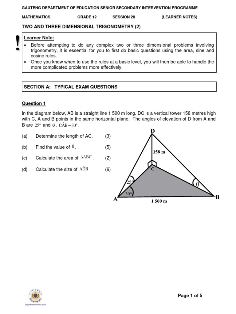 Maths Two and Three Dimensional Trigonometry 2 Grade 12 | PDF ...