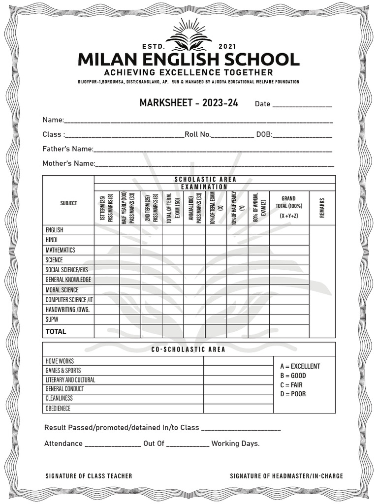 Marksheet - Final Class 1 To 9 | PDF | Foreign Language Studies
