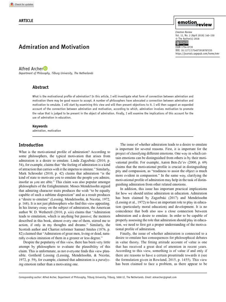 Archer, A. (2019) - Admiration and Motivation. | PDF | Reason | Emotions