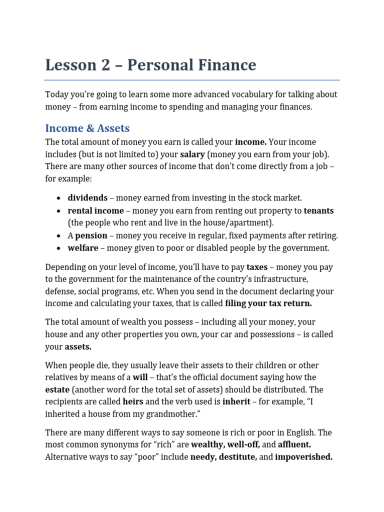 Lesson 02 - Personal Finance | PDF | Taxes | Income