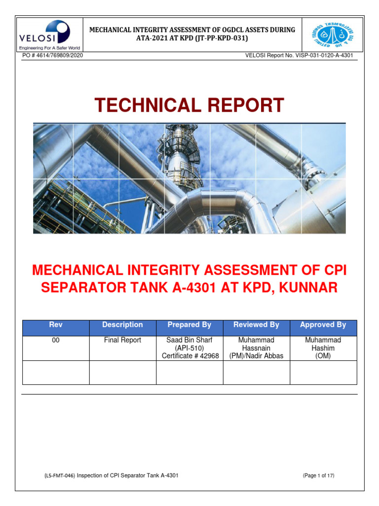 Technical Report: Mechanical Integrity Assessment of Cpi Separator Tank ...