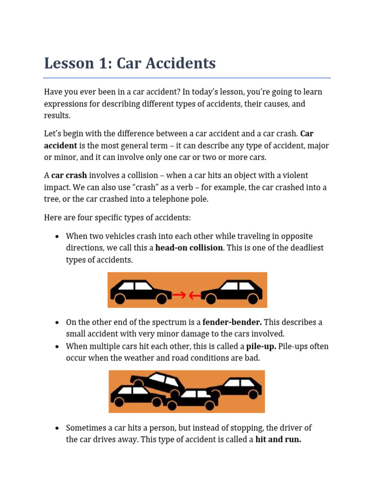 Lesson 01 - Car Accidents | PDF | Traffic Collision | Driving