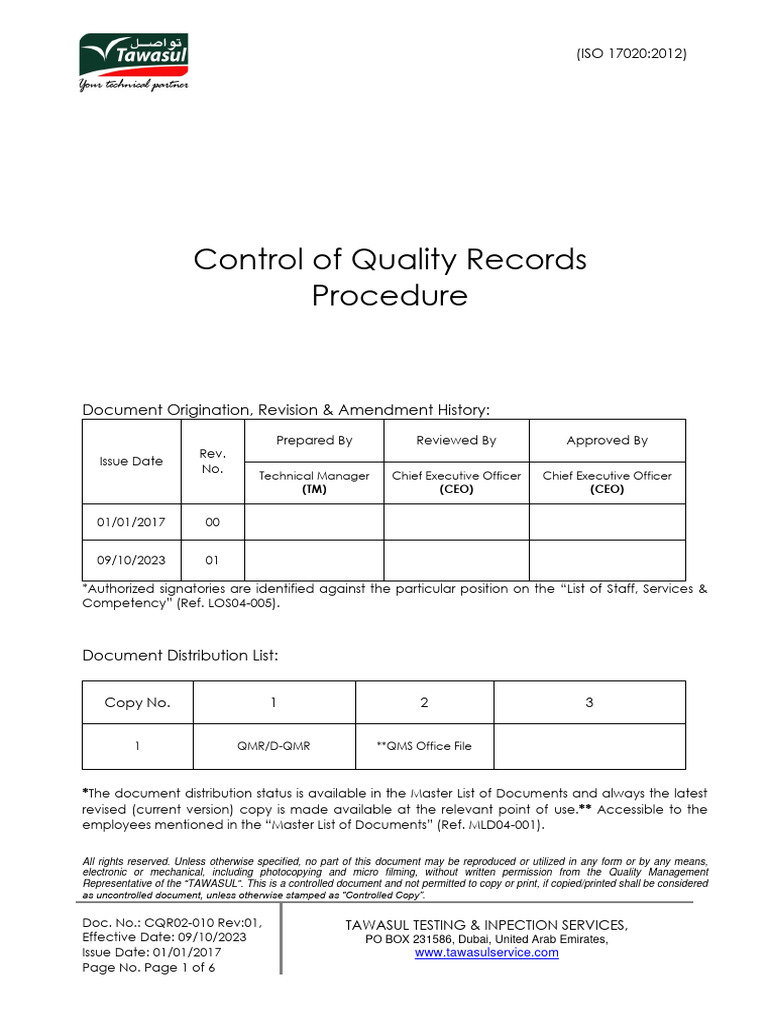CQR02-010 Control of Quality Records Procedure Rev 01 | Download Free ...