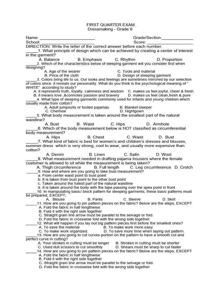 Grade 9 Dressmaking Exam Questions | PDF | Textiles | Clothing