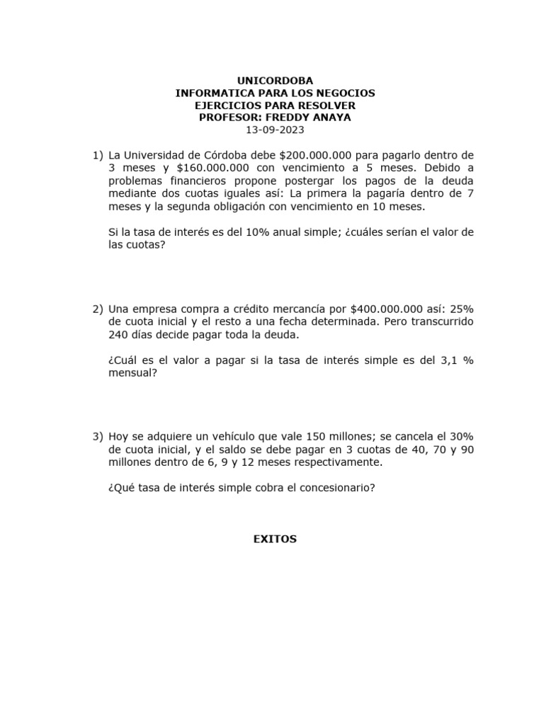 ACTIVIDAD II EJERCICIOS PARA RESOLVER INTERÉS SIMPLE EN EXCEL G1 A | PDF