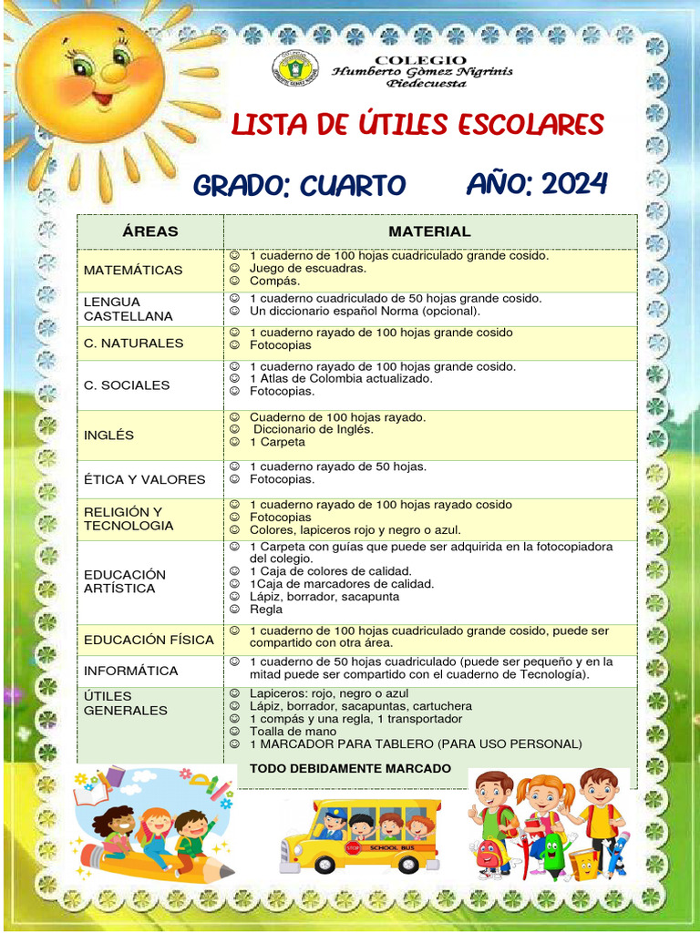 Lista de útiles escolares 4° 2024 | PDF | Cocina, comidas y vino | Arte