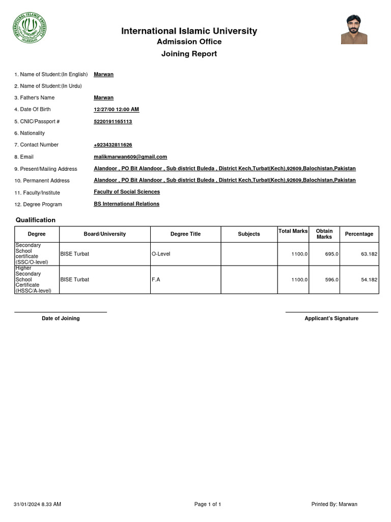 Admission Joining Report | PDF