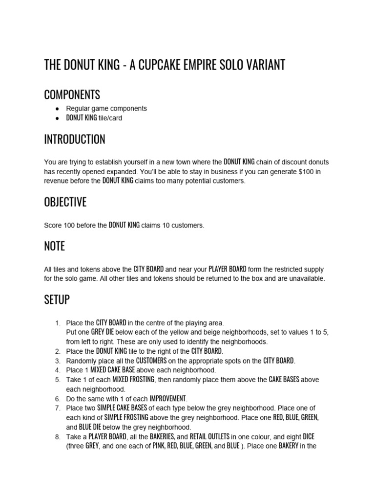 THE - DONUT - KING - Una Variante Solitario de CUPCAKE EMPIRE | PDF