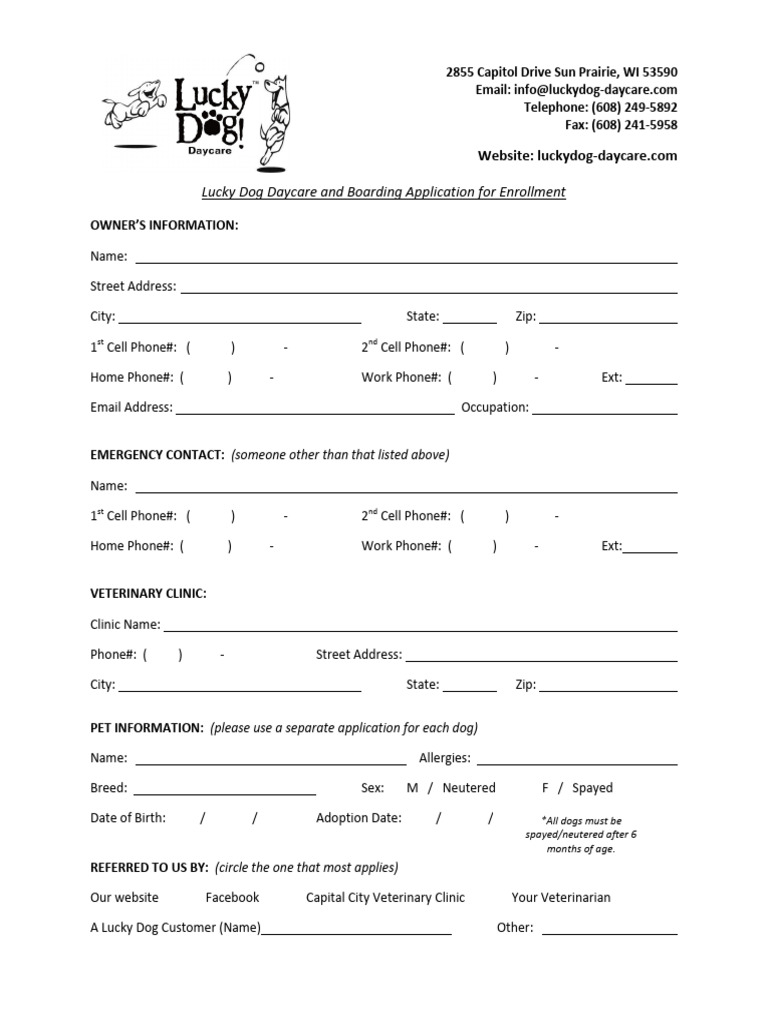 Lucky Dog Enrollment Application | PDF | Dogs | Neutering