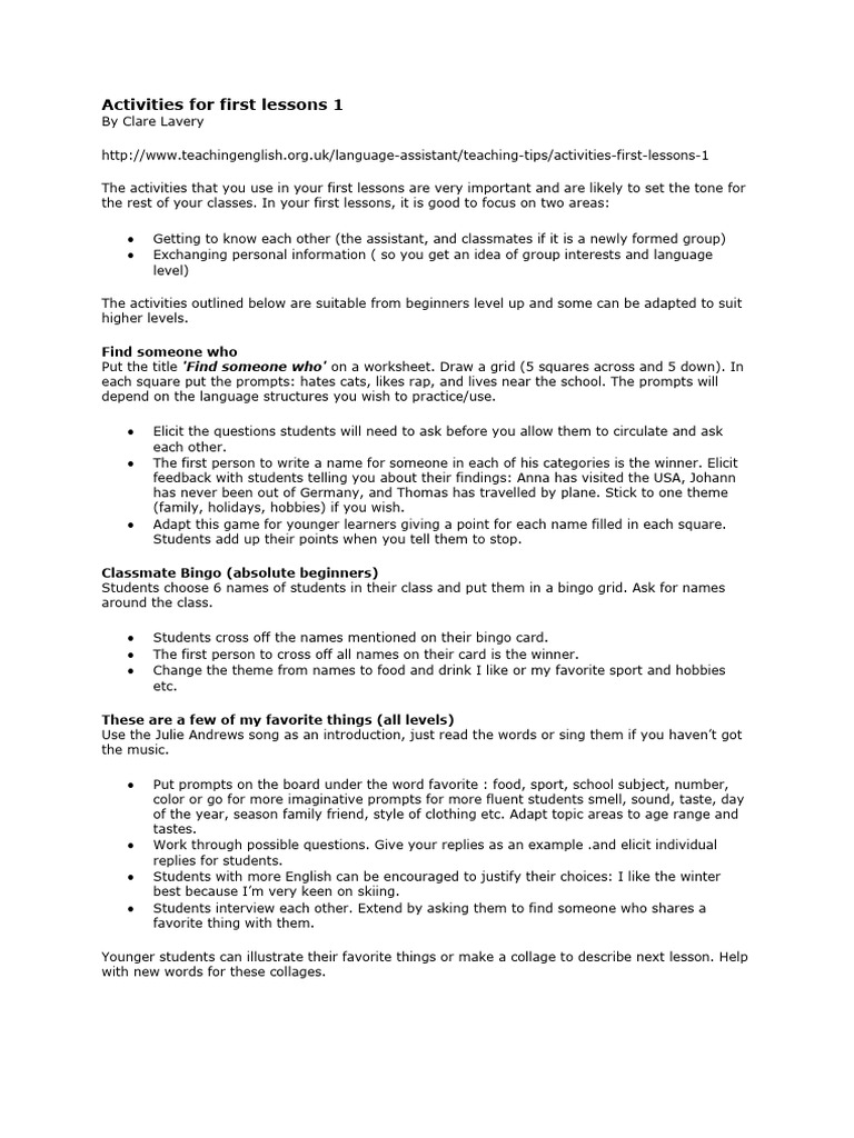 First Lesson Activities for Teachers | PDF | Fluency