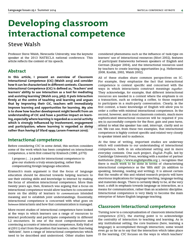 CORE READING_Walsh, classroom interactional competence (1) | PDF | Learning | Language Education