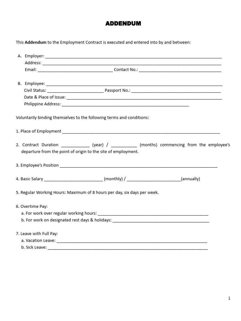 Employment Contract Addendum Template | PDF | Employment | Sick Leave