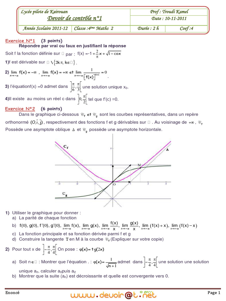 Devoir de Contrôle N°1 Lycée Pilote - Math - Bac Mathématiques (2011 ...