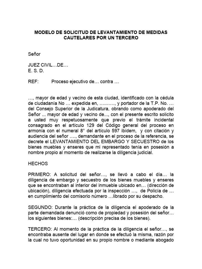 Modelo de Solicitud de Levantamiento de Medidas Cautelares Por Un ...