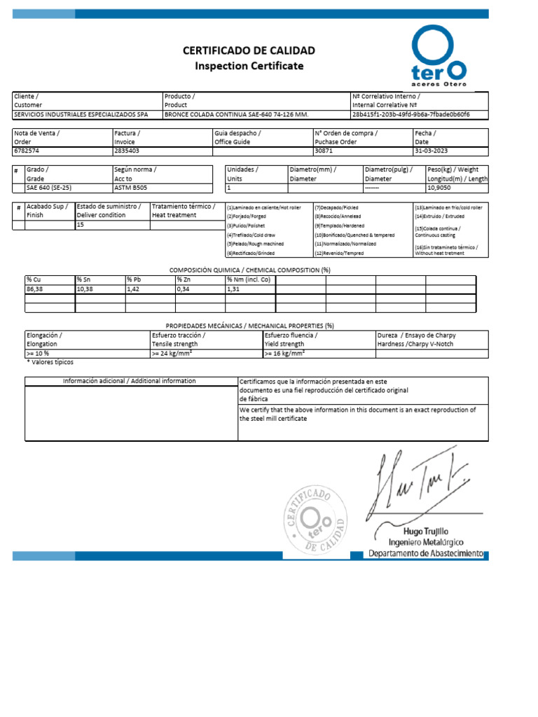 Certificado de Calidad Bronce SAE-640 | PDF | Materiales | Física Aplicada e Interdisciplinaria