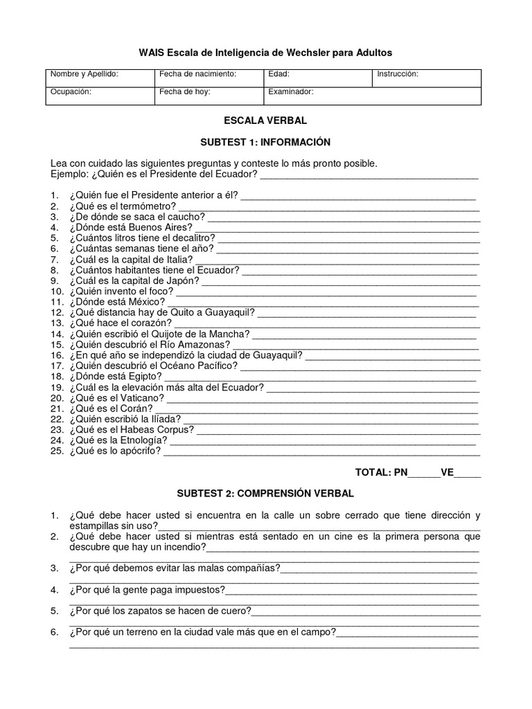 WAIS Escala de Inteligencia de Wechsler para Adultos | PDF | Escala de ...