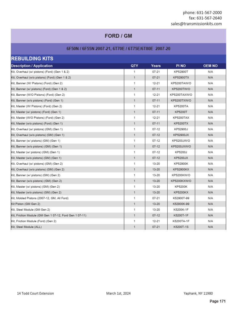 Precision 6T70 Parts Catalog 2024 | PDF | Four Wheel Drive | Pump