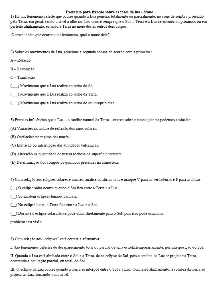 Atividadeds sobre fases da lua | PDF | Lua | Eclipse