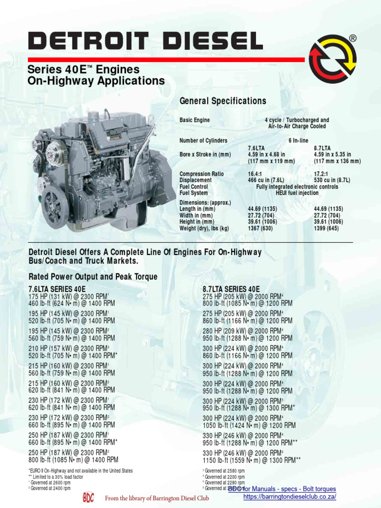 Detroit Serie 40 Especificaciones Tecnicas | PDF | Horsepower | Diesel ...