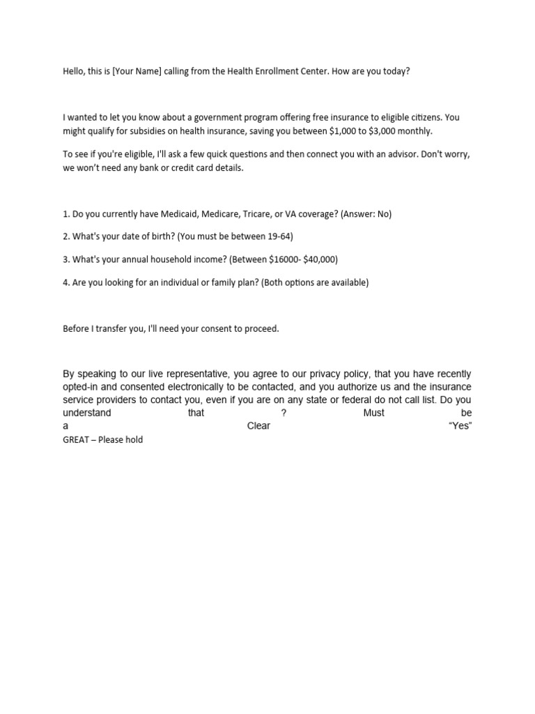 Free Health Insurance Enrollment Call | PDF