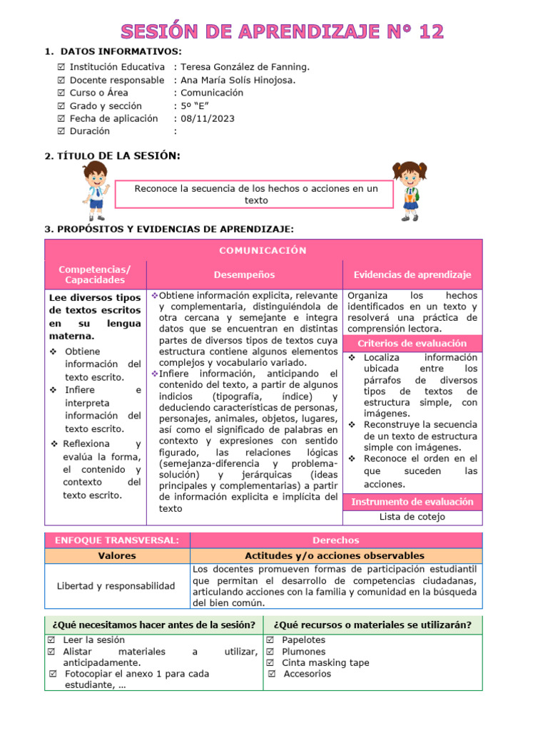 SESIÓN DE APRENDIZAJE 12 Reconoce La Secuencia de Los Hechos o Acciones en Un Texto Ana | PDF ...