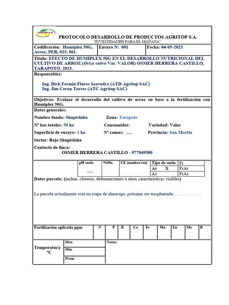 Efecto de Humiplex 50G en Arroz | PDF