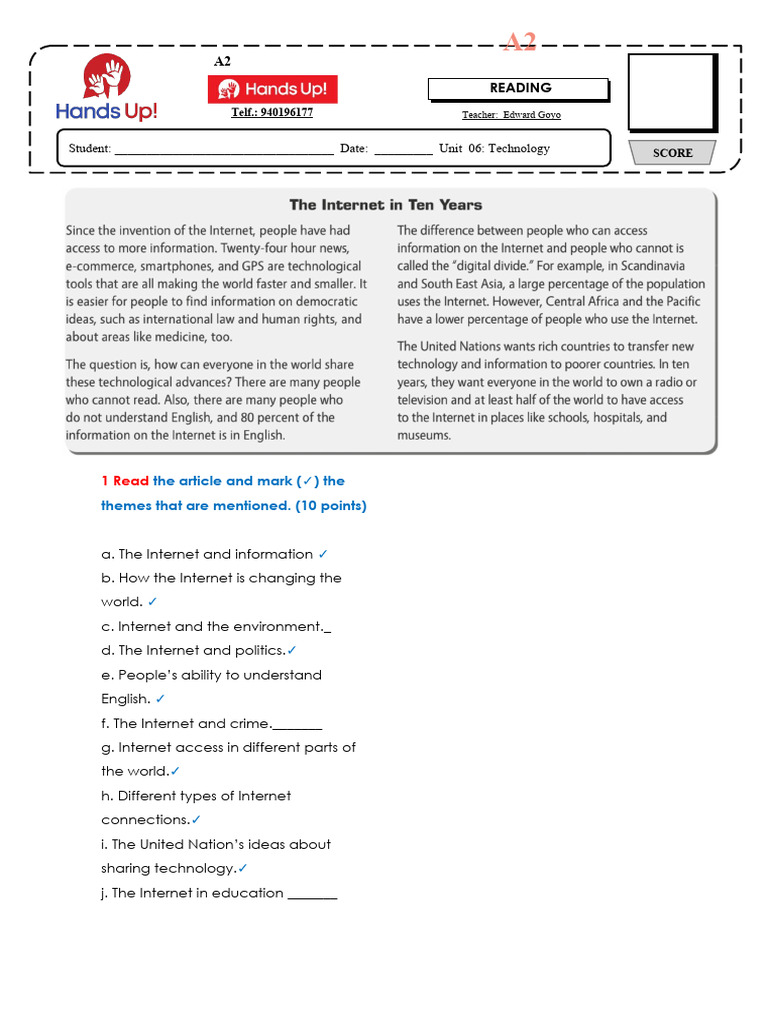 Reading Exam A2 U6 F | PDF | Smartphone | Internet