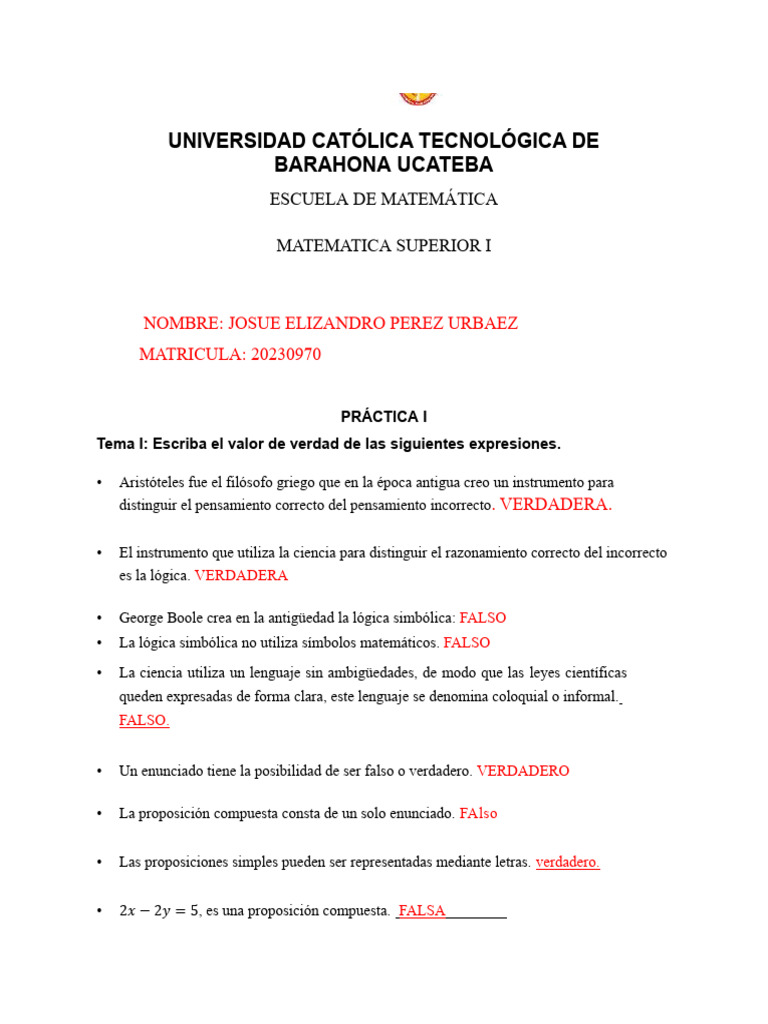 Practica MATE | PDF | Proposición | Verdad