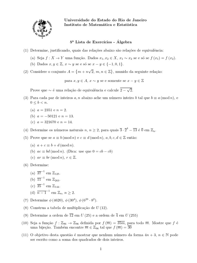 Lista 5 Algebra Ccomp | PDF | Matemática | Conceitos matemáticos