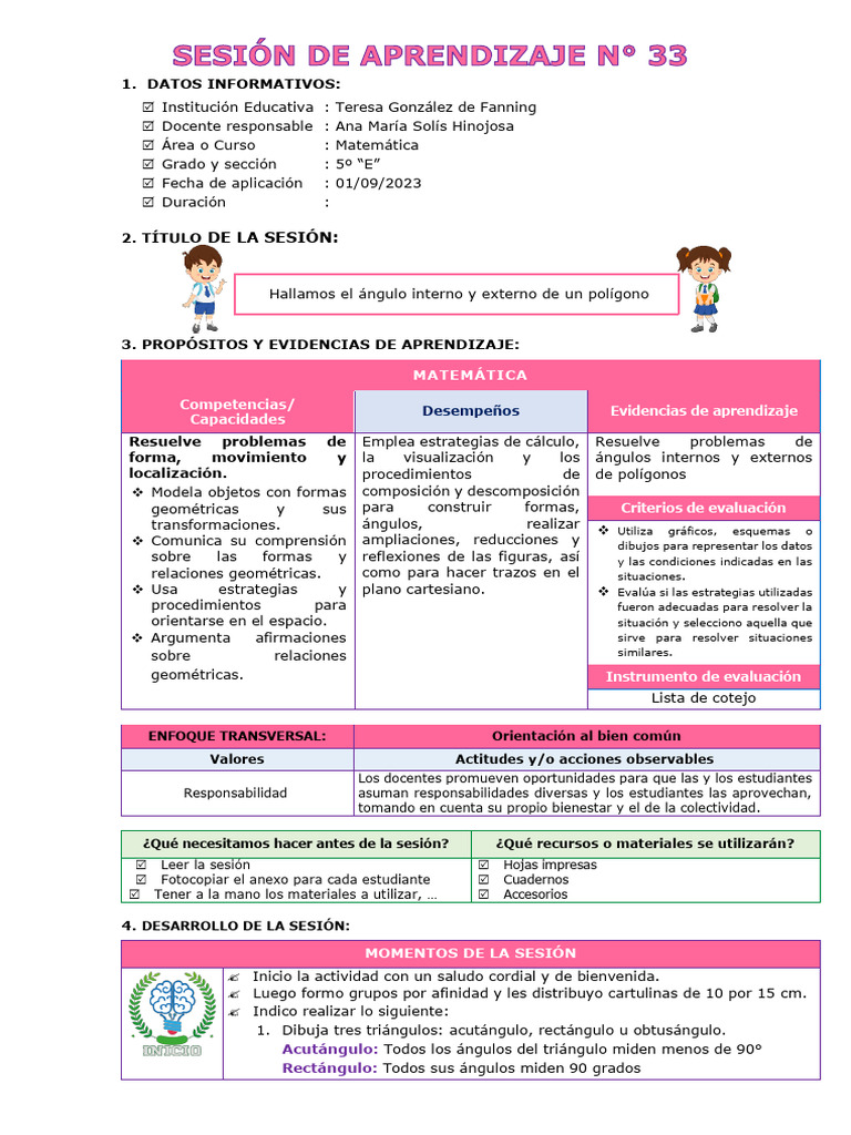SESIÓN DE APRENDIZAJE 33 Hallamos El Ángulo Interno y Externo de Un ...