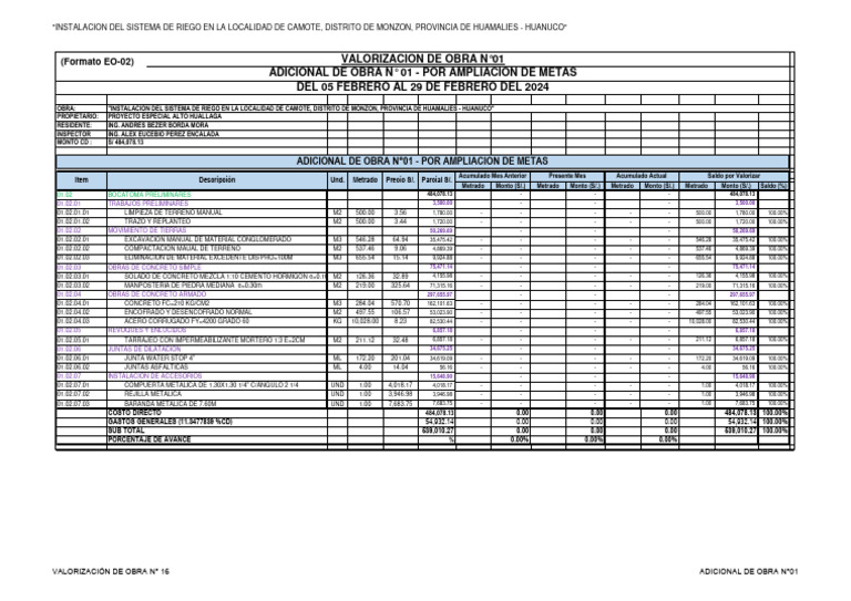 Valorizacion de Obra N°01 Adicional de Obra #01 - Por Ampliacion de Metas Del 05 Febrero Al 29 ...