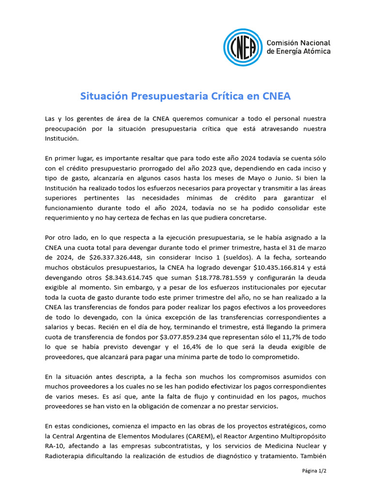 Crisis Presupuestaria en CNEA 2024 | PDF | Radioactividad | Física nuclear