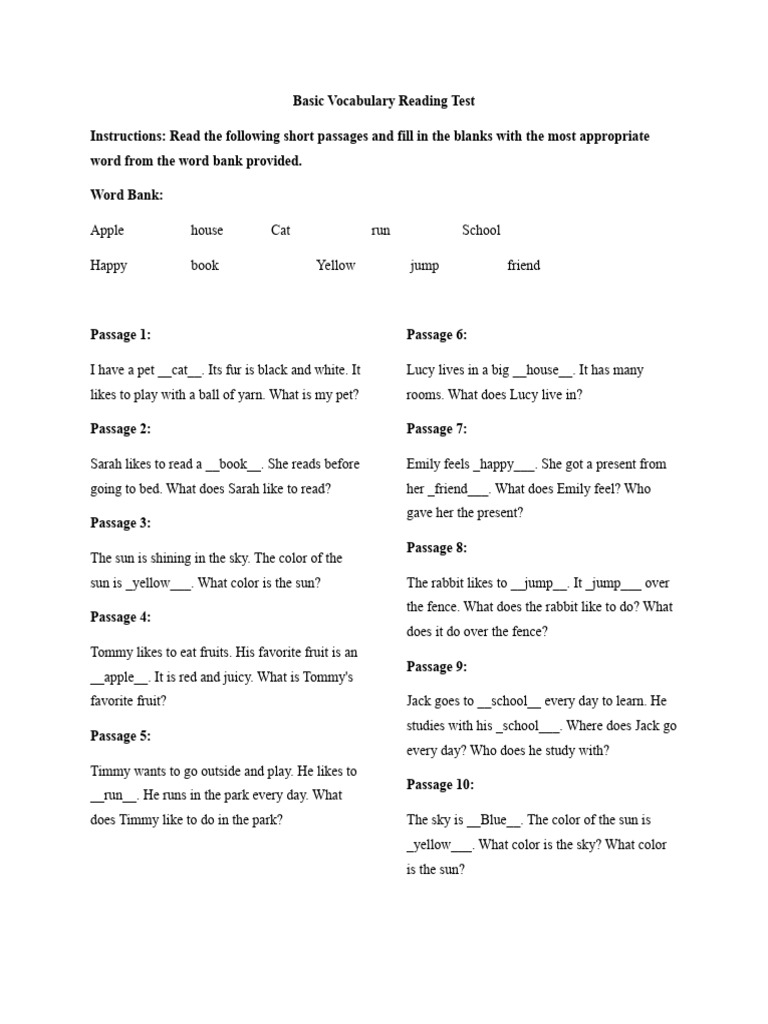 Basic Vocabulary Reading Test | PDF | Language Arts & Discipline