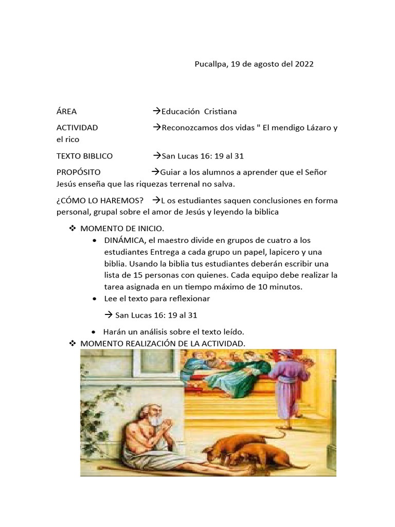 Actividad El Mendigo Lazaro y El Rico | PDF