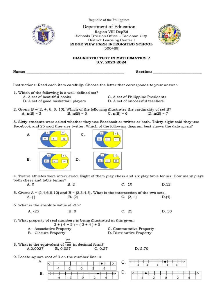 Grade 7 MATH Diagnostic Test 2022 2023 | PDF | Triangle | Circle