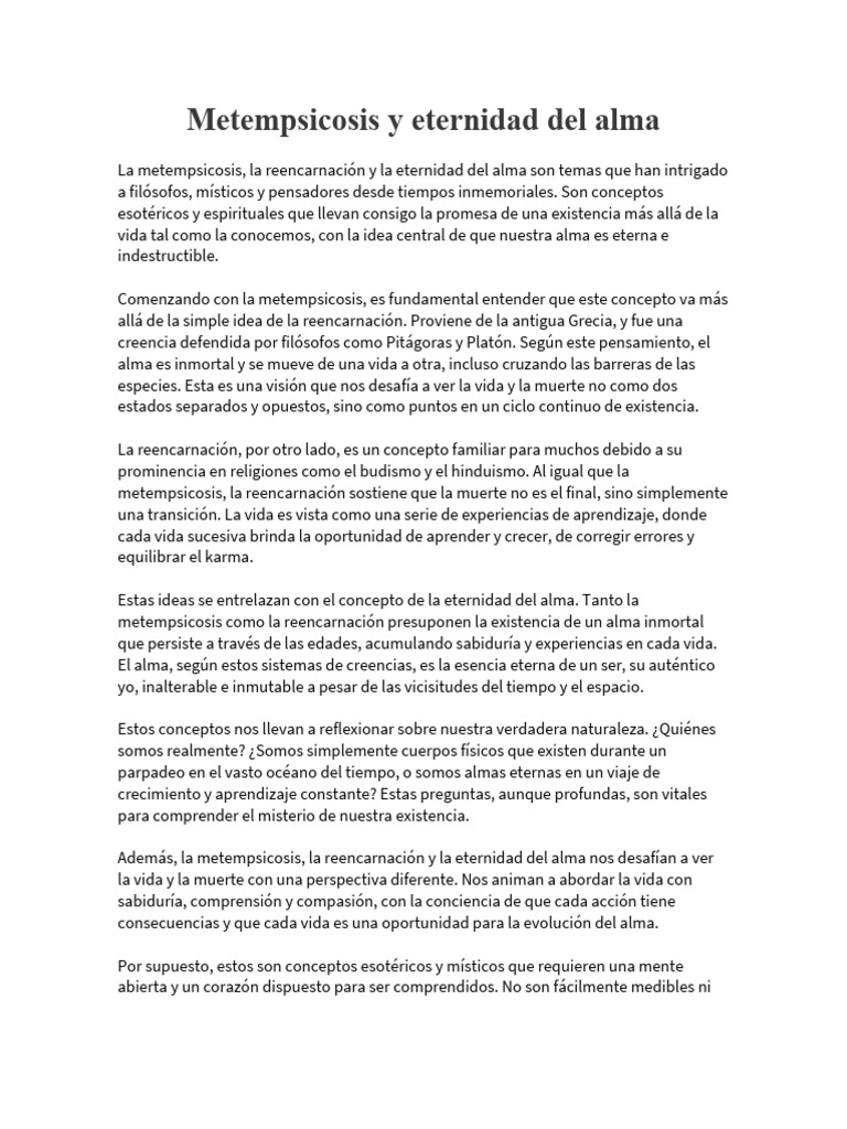 Metempsicosis y Eternidad Del Alma | PDF | Reencarnación | Alma