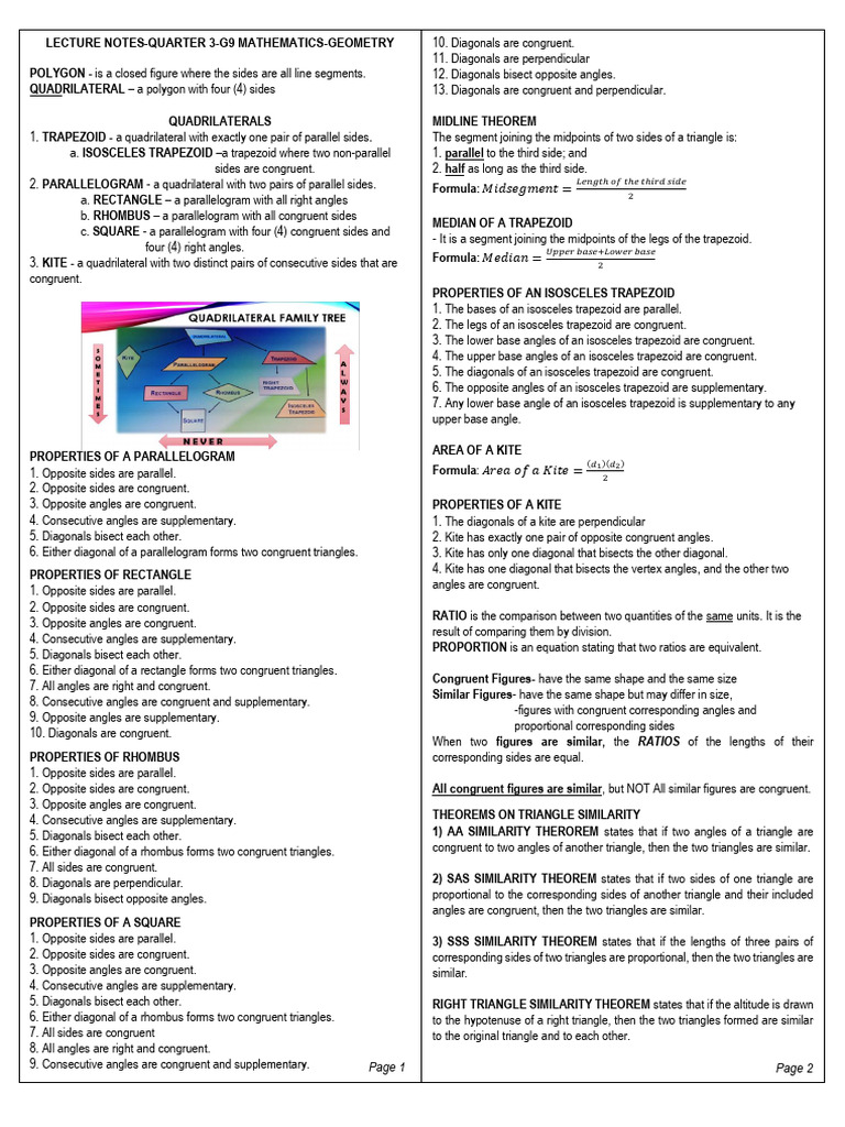 G9 Q3 Math Notes Additional Reviewer | PDF | Triangle | Rectangle